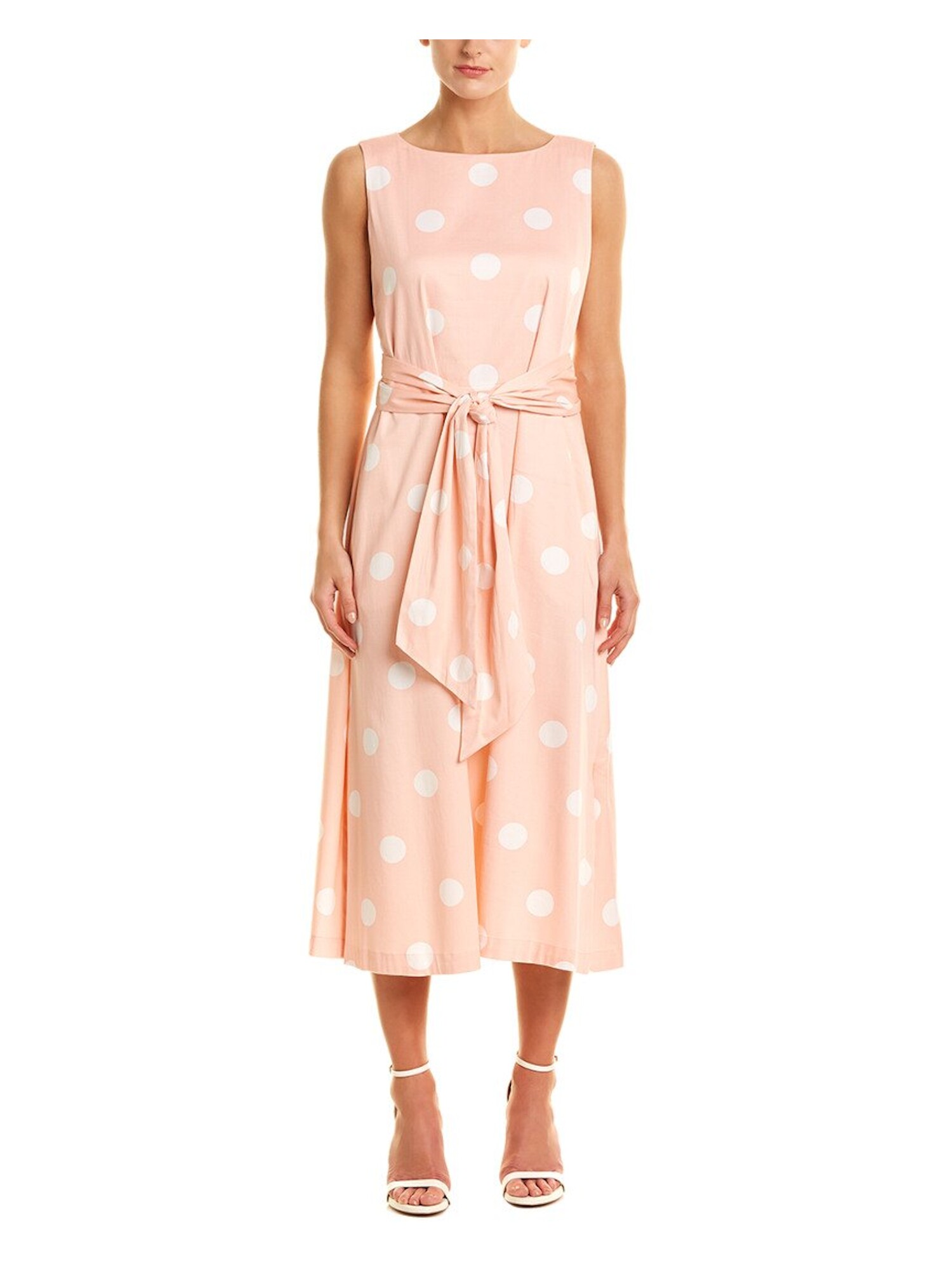 Anne Klein Womens Pink Polka Dot Sleeveless Jewel Neck Midi Shift Party