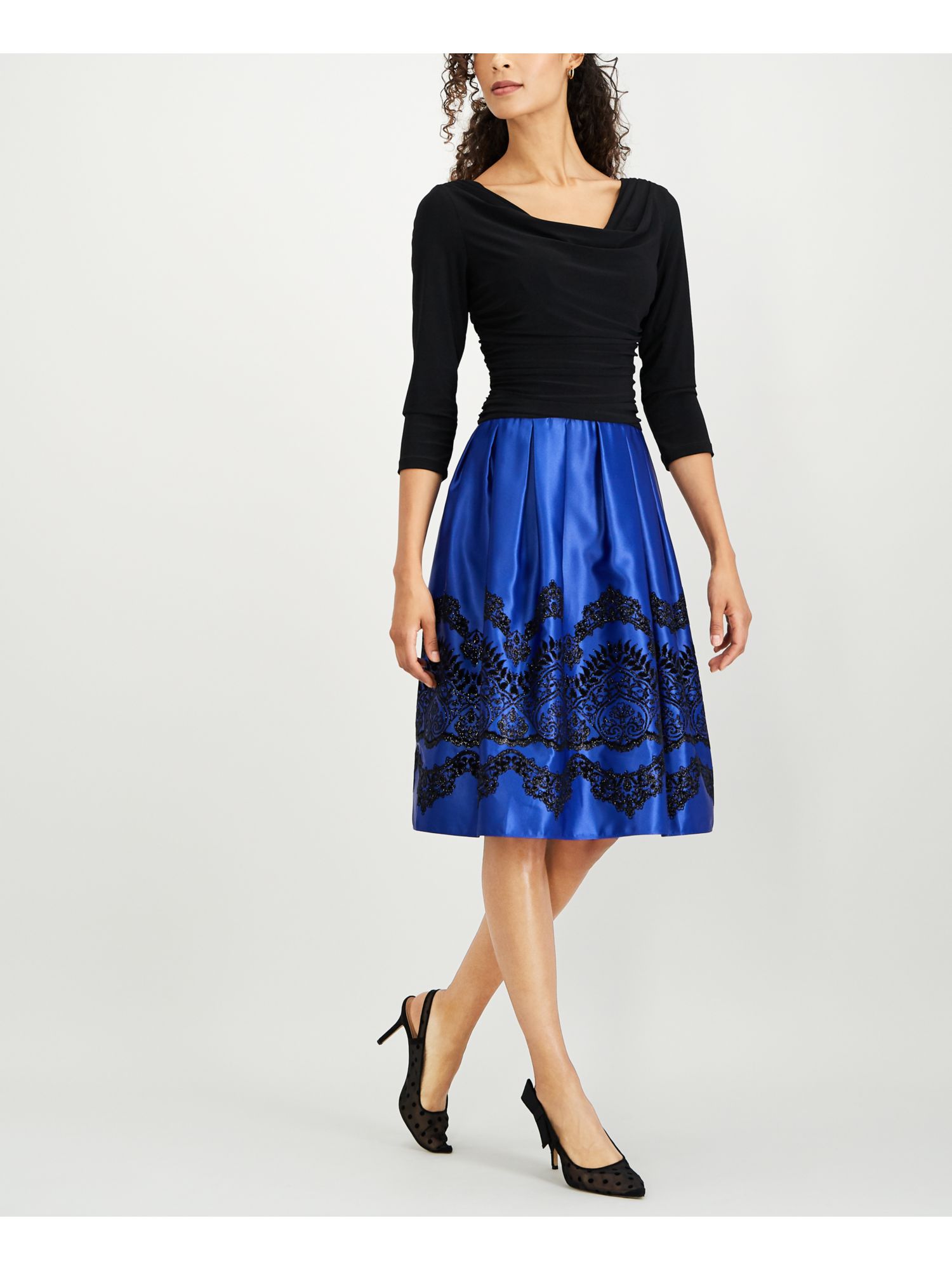 Slny Womens Blue 3 4 Sleeve V Neck Knee Length Fit Flare Party Dress