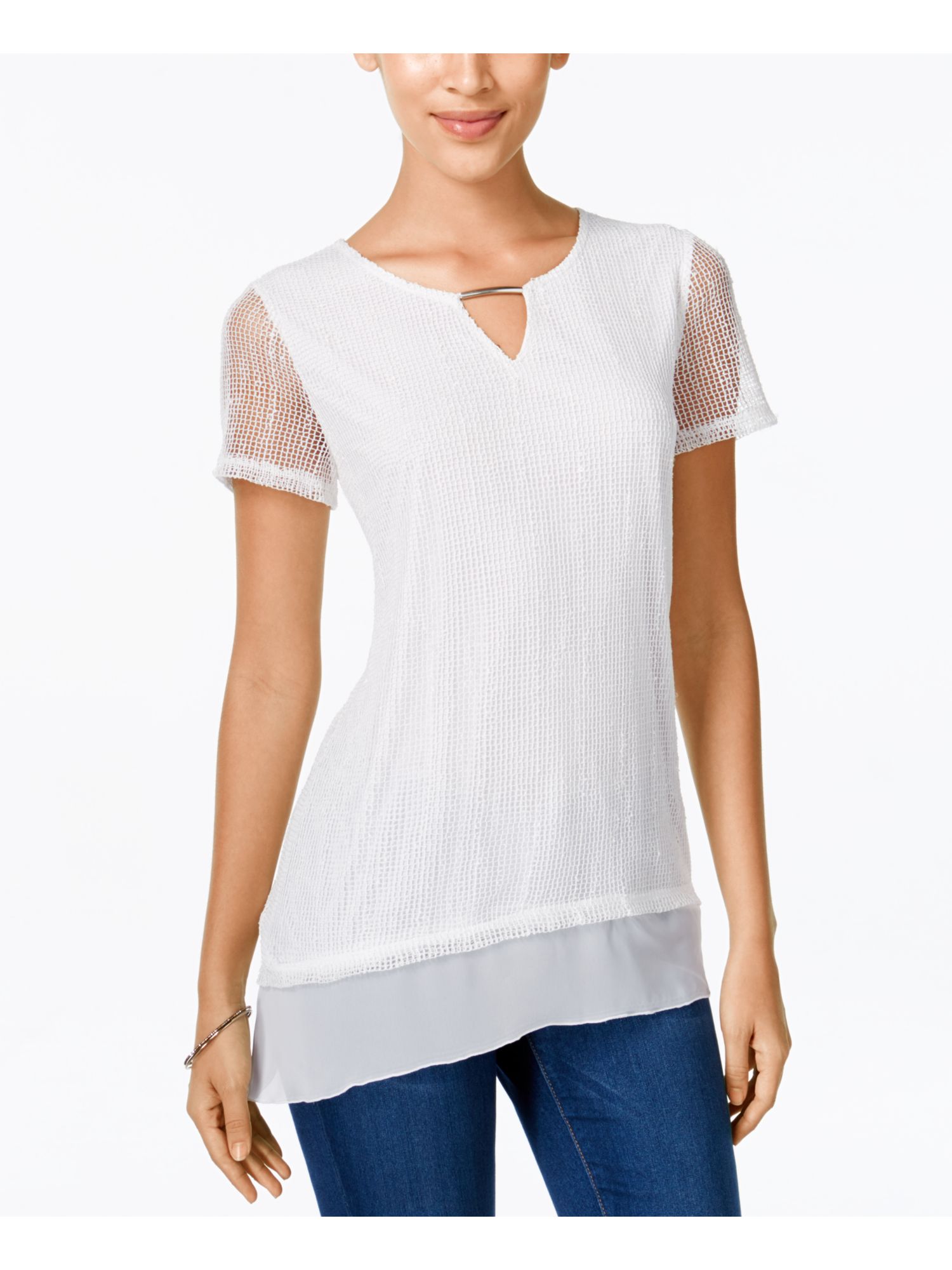 JM COLLECTION $90 Womens New 1584 Beige Sequined Mesh Keyhole Top M B+B ...